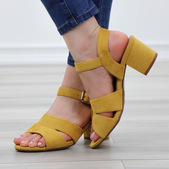 Shoes | Mustard Yellow Faux Suede Block Heel Sandals | Poshmark